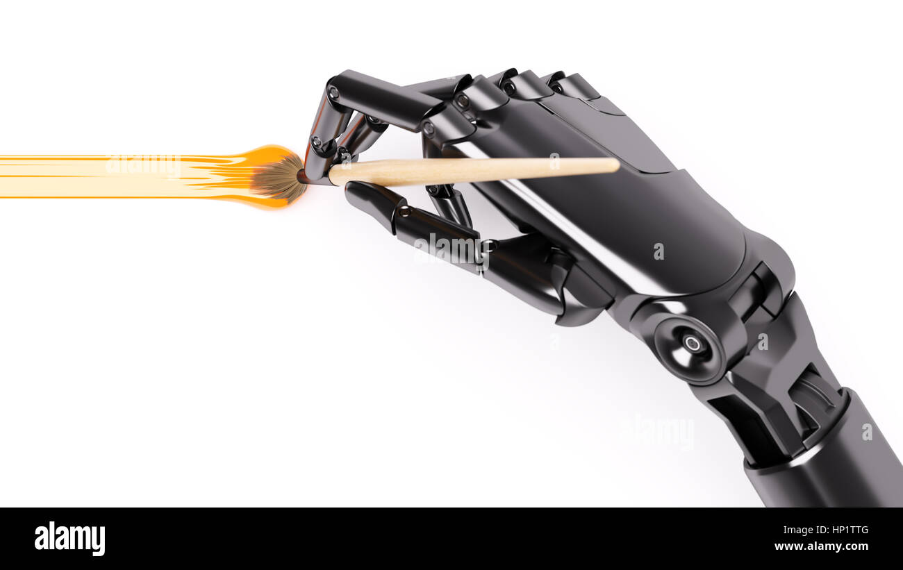 Robotic Arm Painting with Brush Closeup. Artificial Intelligence ...