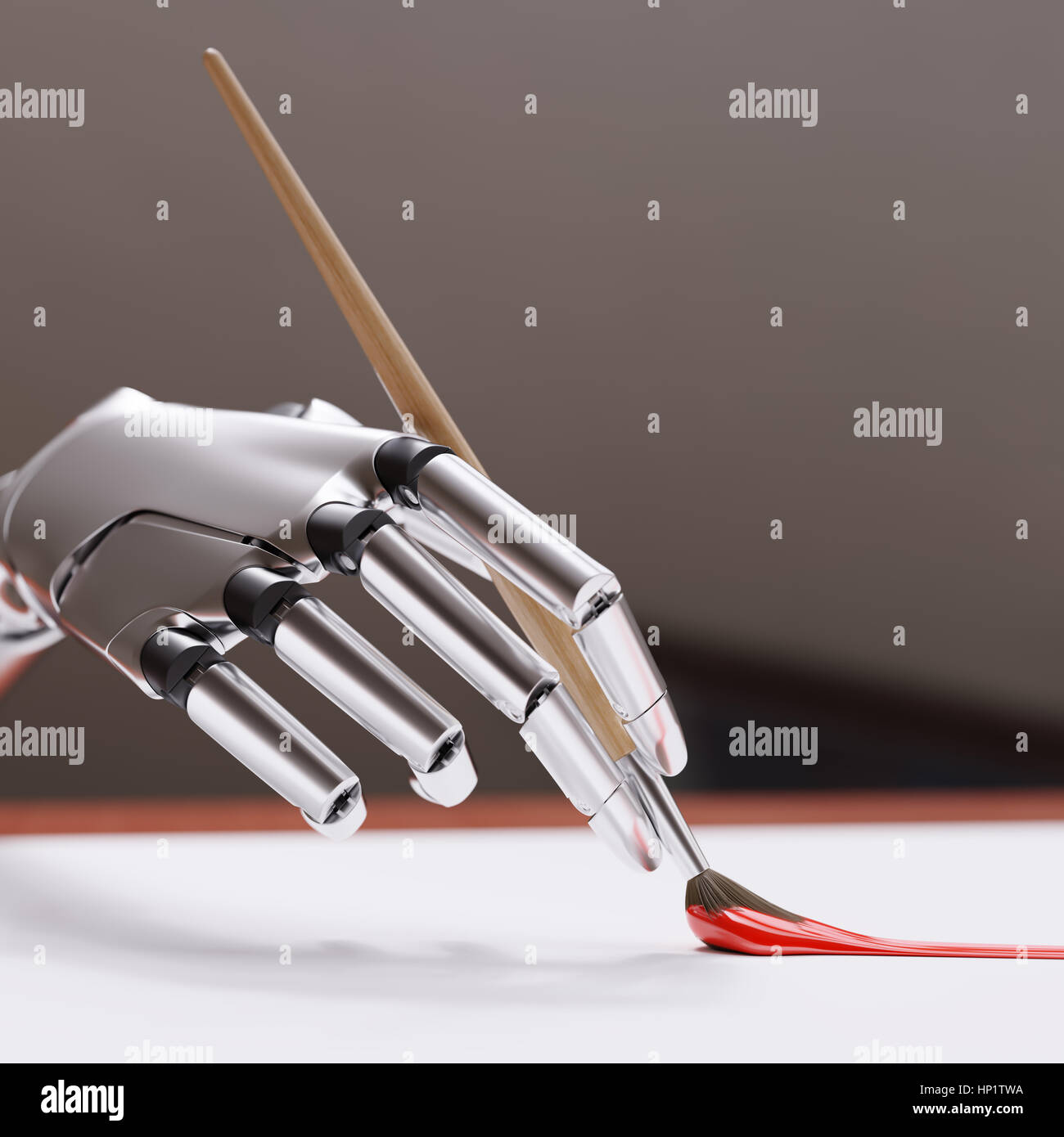Robotic Arm Painting with Brush Closeup. Artificial Intelligence ...