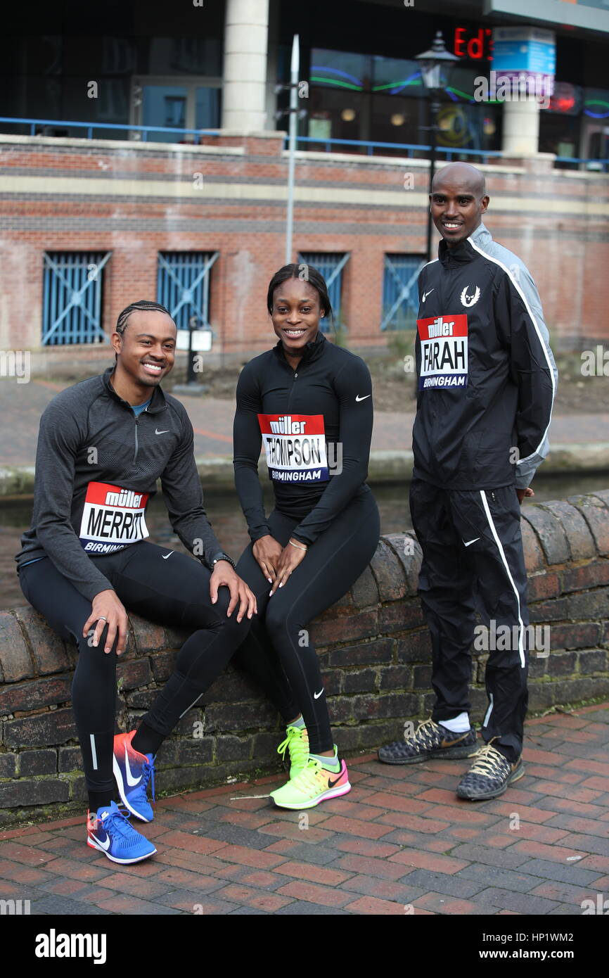 Mo Farah (right), Elaine Thompson (centre) and Aries Merritt during a ...