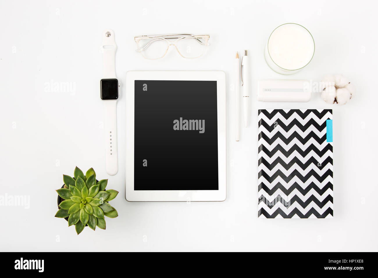 Top view of white office table with laptop Stock Photo - Alamy