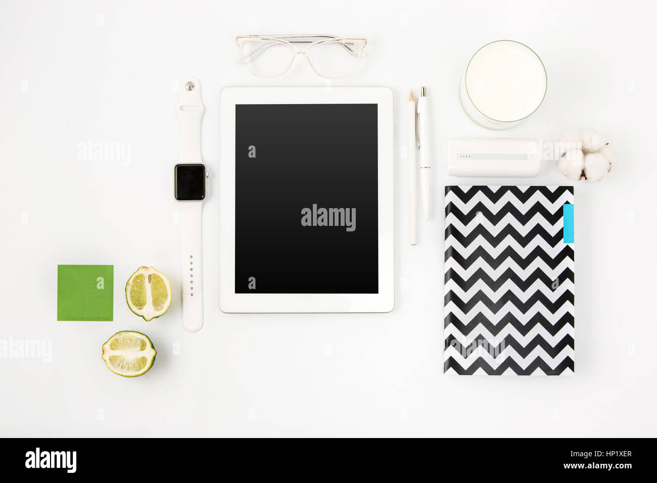 Top view of white office table with laptop Stock Photo - Alamy