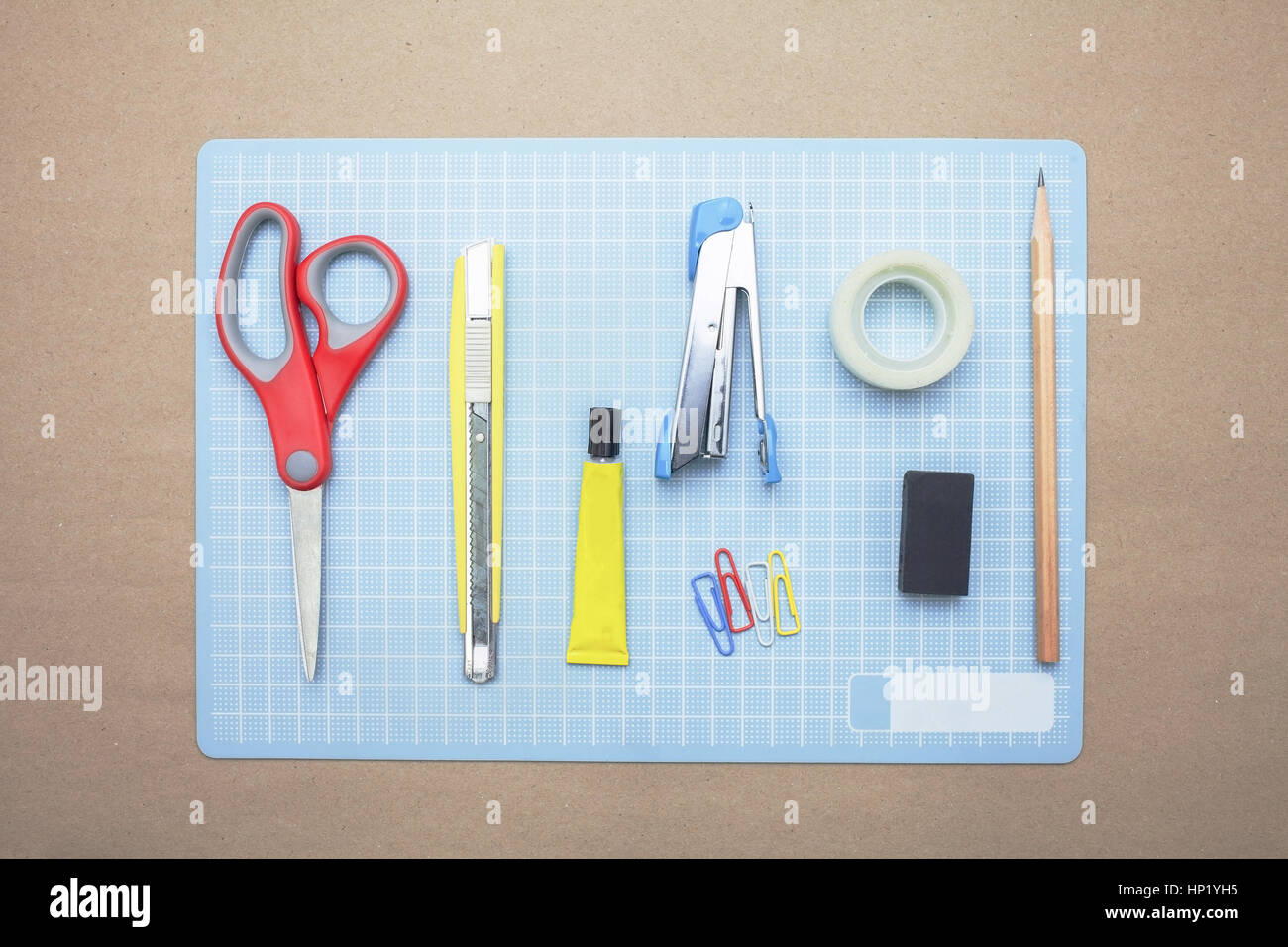 Business concept:stapler,glue,scissor,cutter,tape,pen,pencil,clip,ruler ...