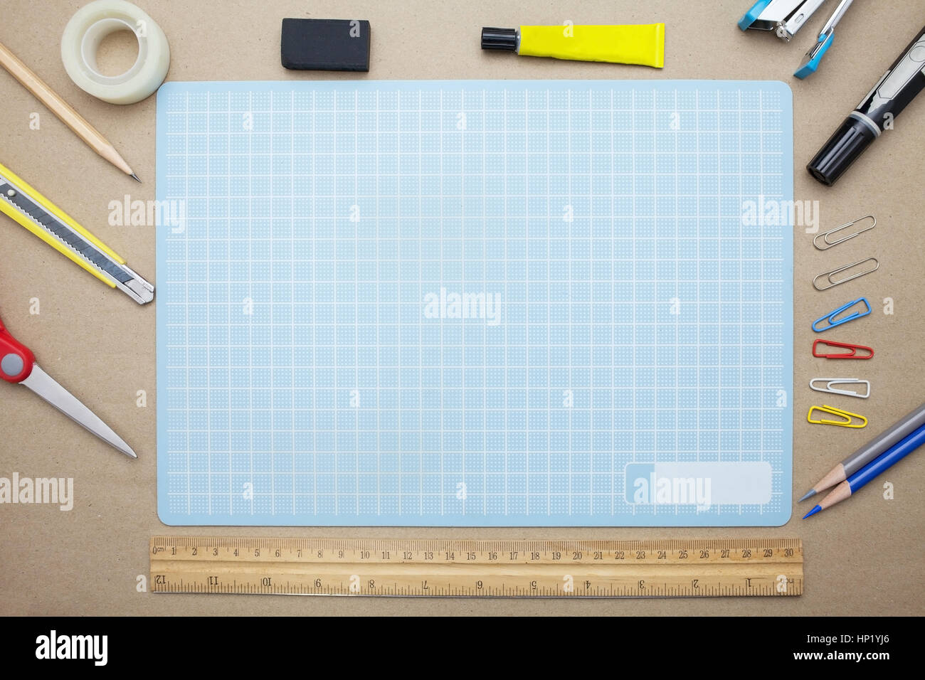 Business concept:stapler,glue,scissor,cutter,tape,pen,pencil,clip,ruler ...