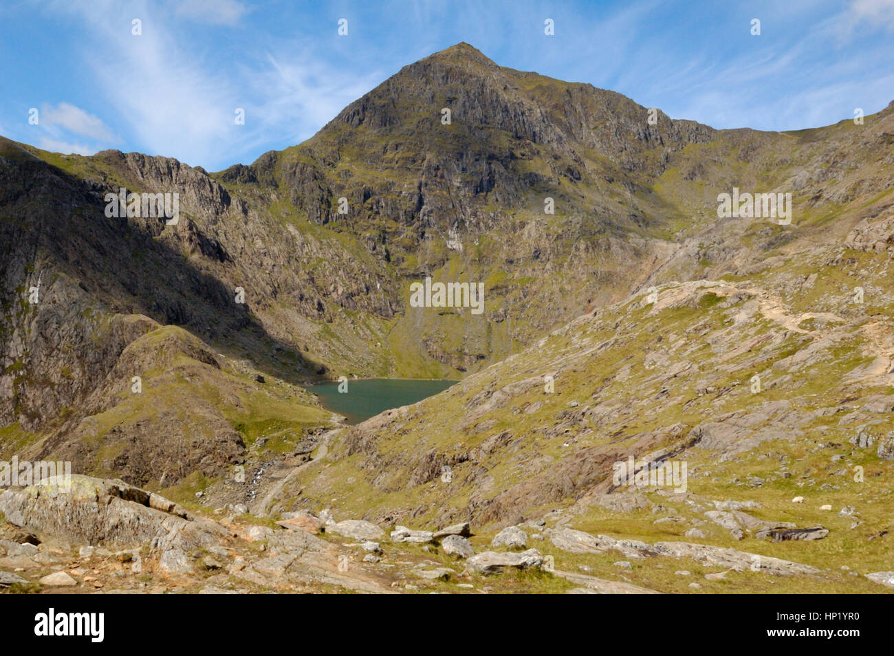 Snowdon Peak and Glaslyn from below Bwlch Goch on the Pyg Track Route ...