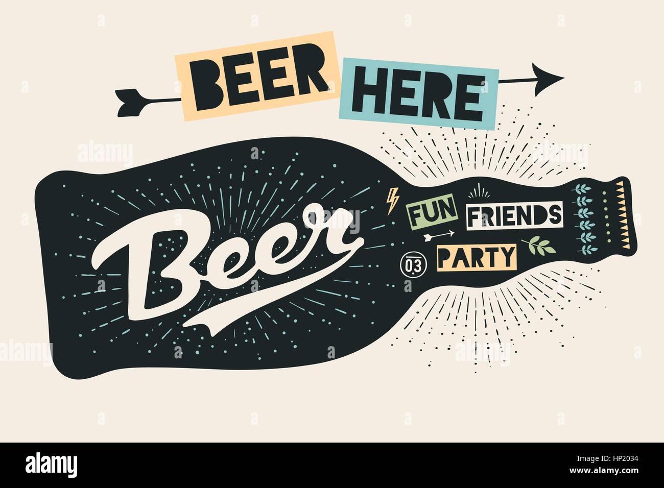 Bottle with hand drawn lettering, text Beer Here Stock Vector Image ...