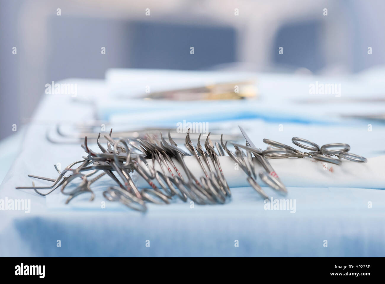 sterile surgical instruments on during the operation table Stock Photo ...