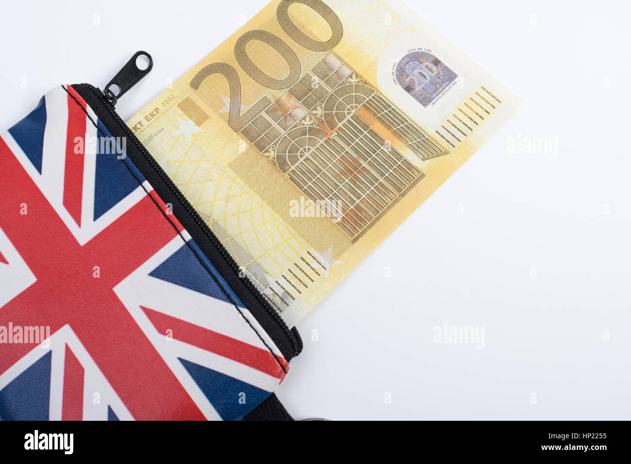 Union Jack coin purse with 200 Euro banknote - as metaphor for Euro ...