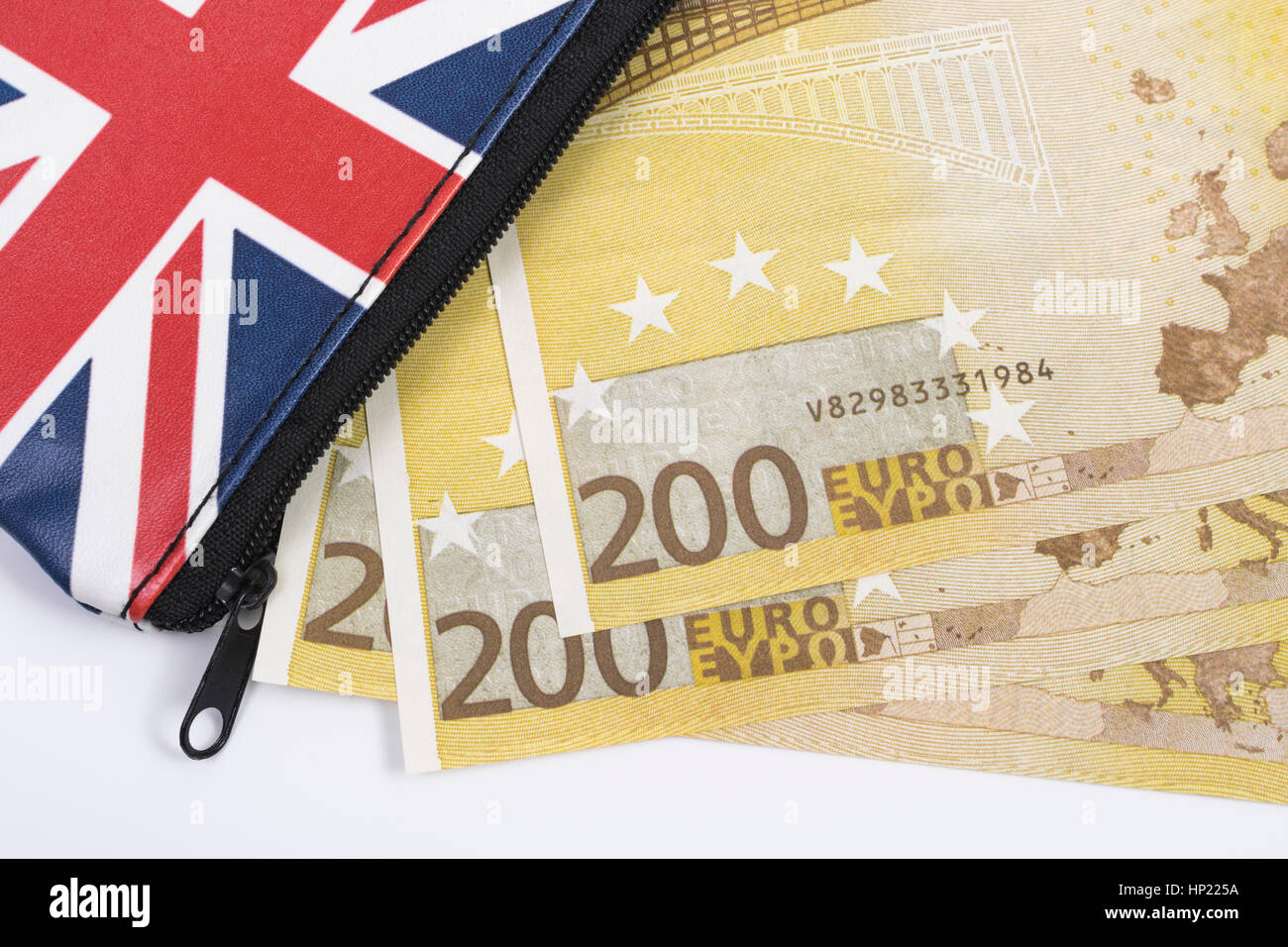 Union Jack coin purse with 200 Euro banknotes - as metaphor for Euro ...