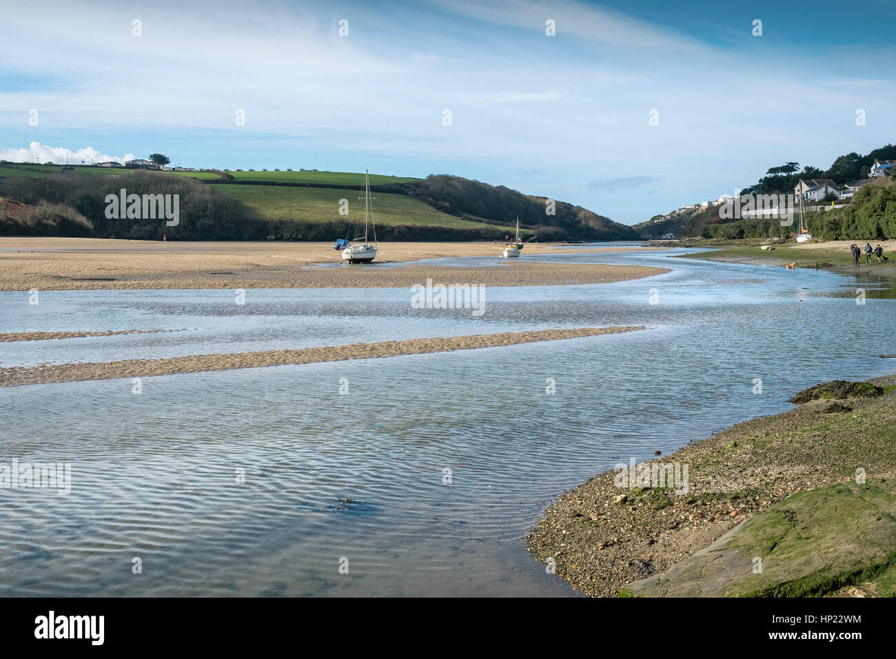 The riverbed exposed at low tide on the Gannel Estuary. Newquay ...