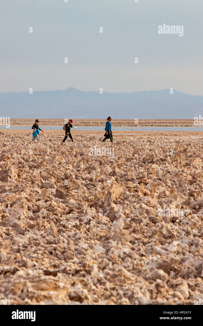 Sunset, trek, trekking, hiker, hikers Walking across of Salt formations ...