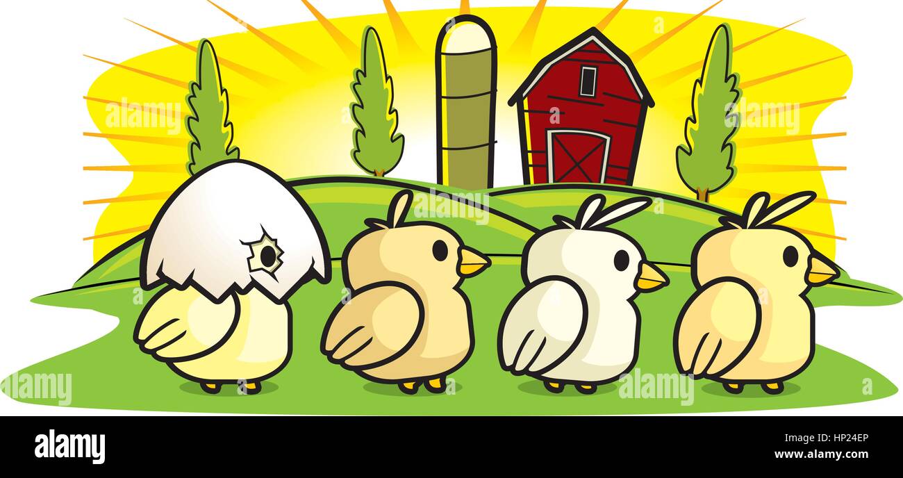 A group of cartoon baby chicks on a farm walking Stock Vector Image ...