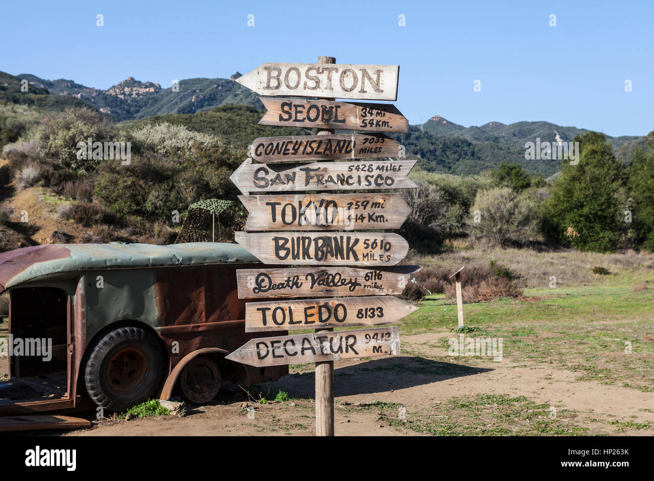 Malibu, California, USA - February 26, 2012: Old "Mash" movie set sign ...