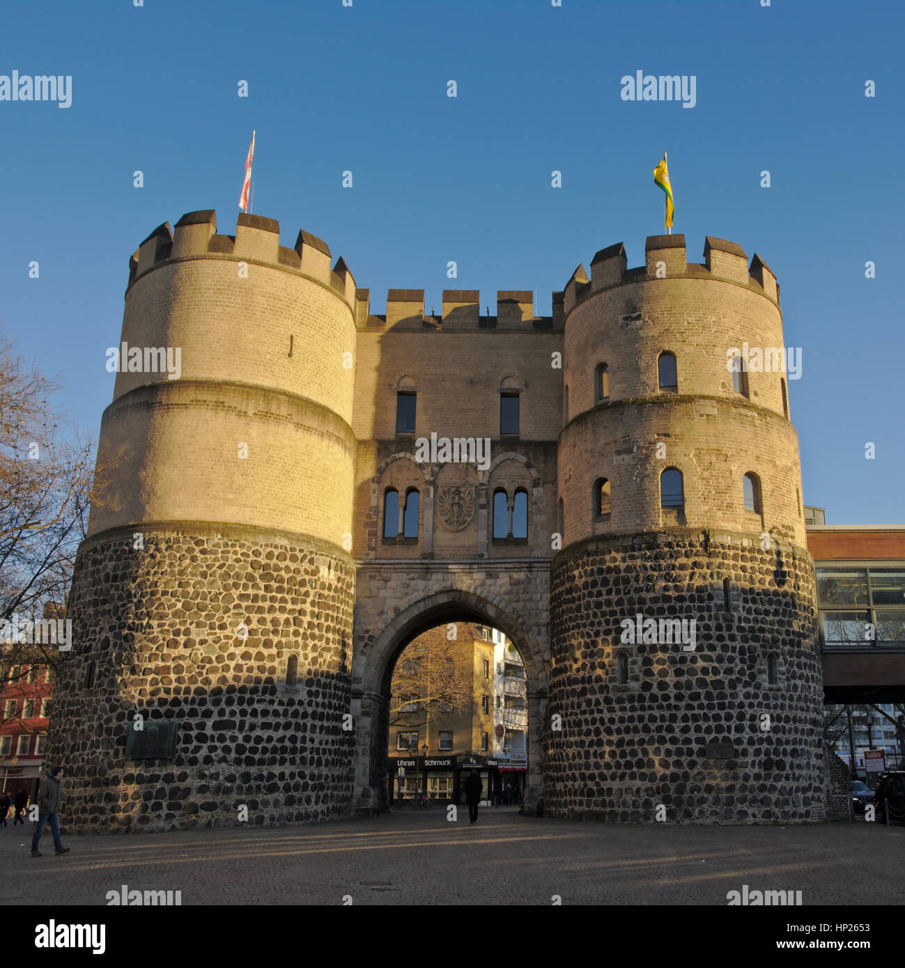 `Hahnen` city gate or `Hahnentorburg` with two round towers, part of ...