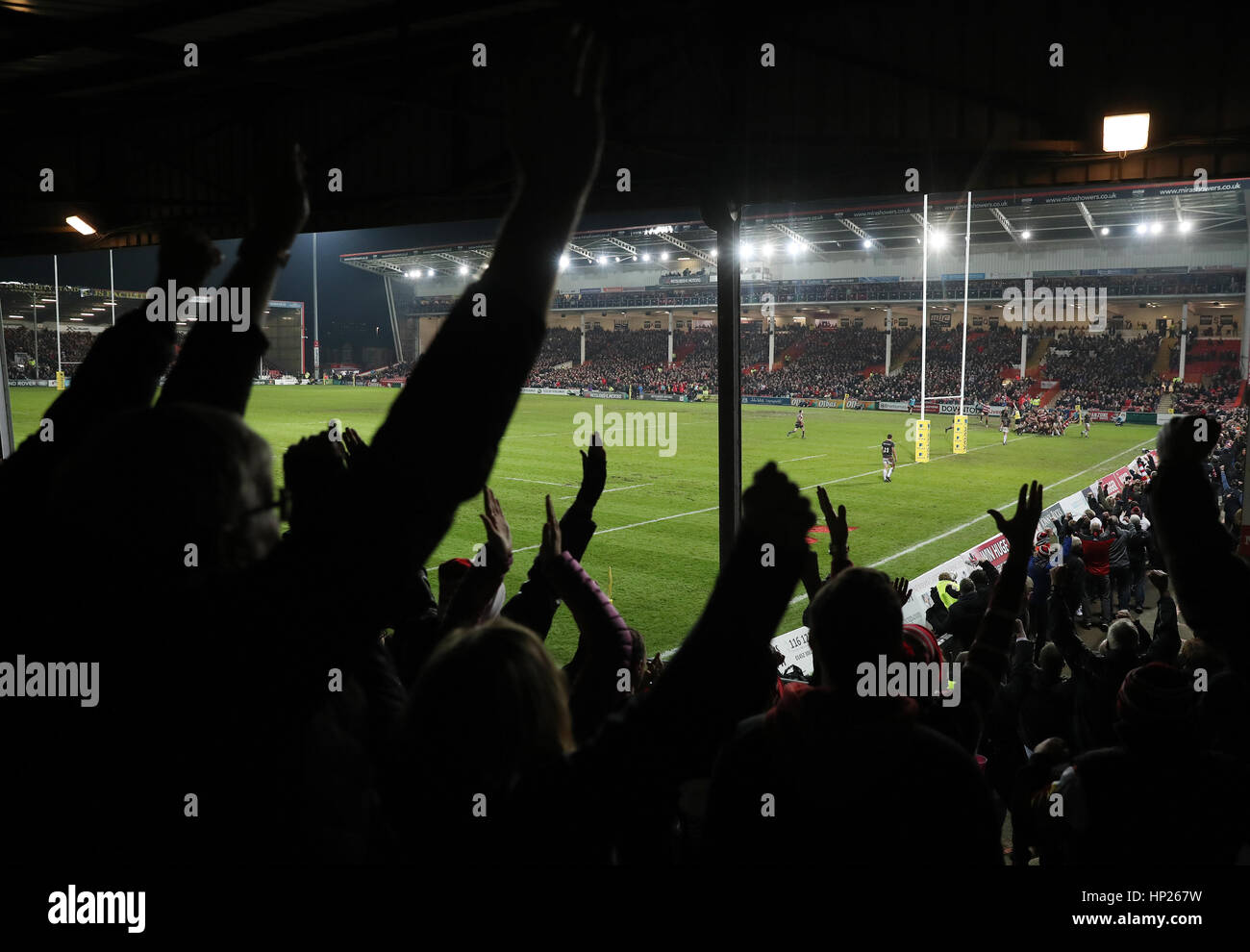 Gloucester fans in The Shed celebrate as Gloucester score their third ...