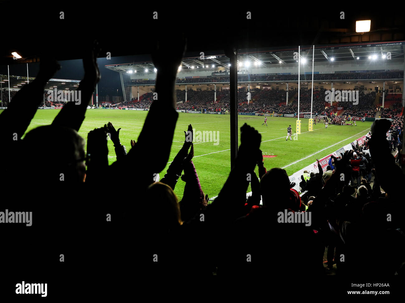 Gloucester fans in The Shed celebrate as Gloucester score their third ...