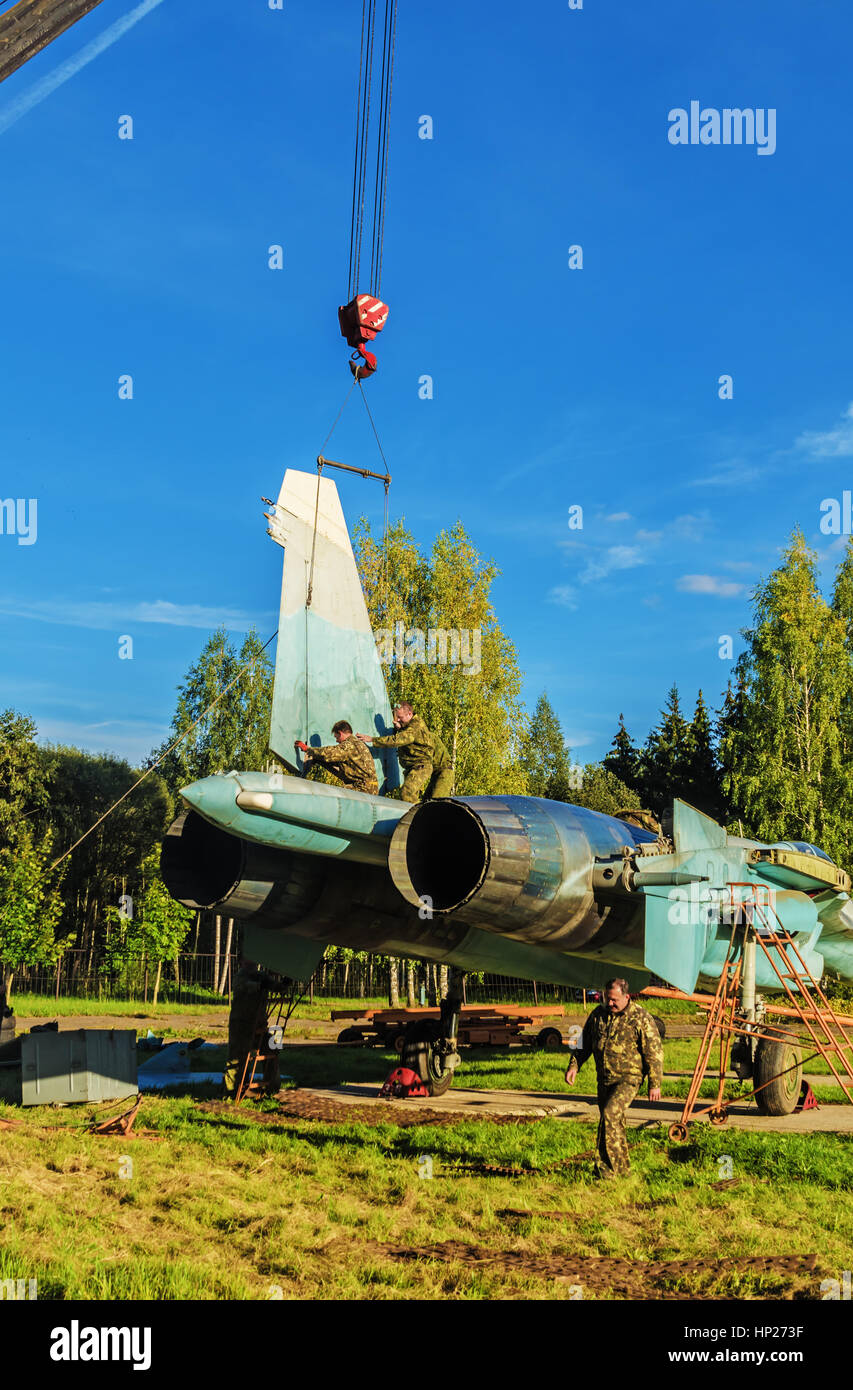 The jet fighter SU-27 is set by a monument in the territory of the ...