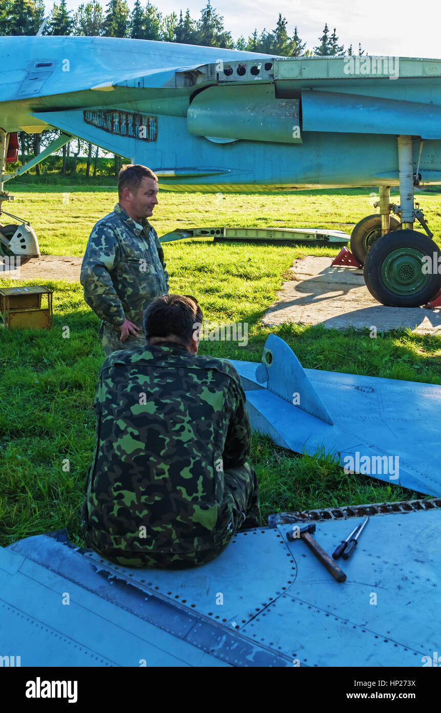 The jet fighter SU-27 is set by a monument in the territory of the ...