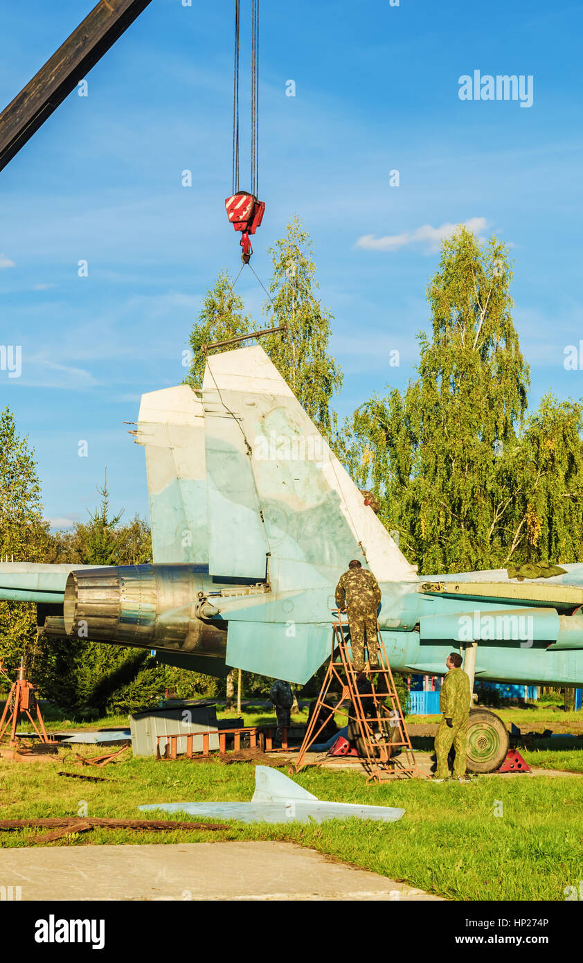 The jet fighter SU-27 is set by a monument in the territory of the ...
