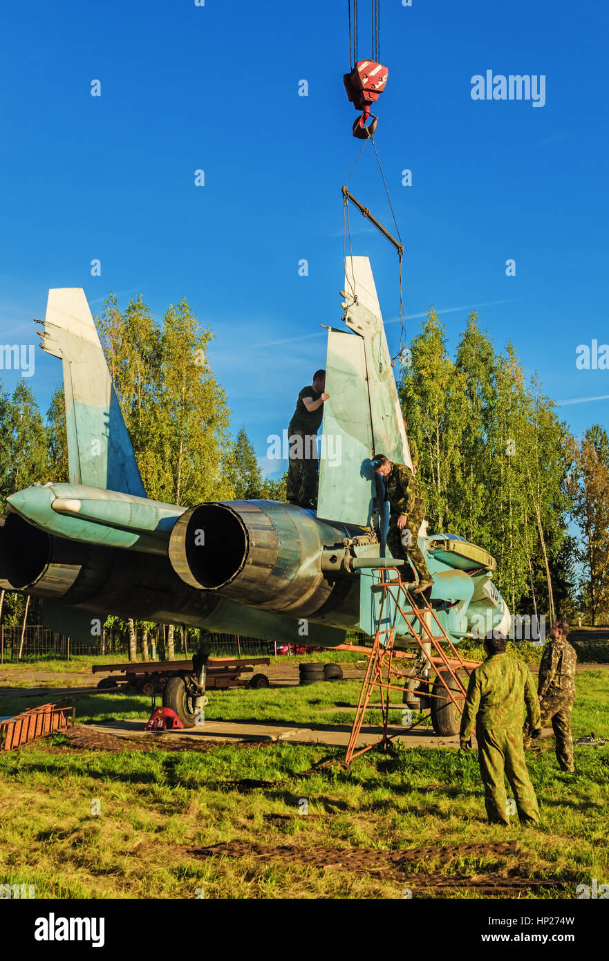 The jet fighter SU-27 is set by a monument in the territory of the ...