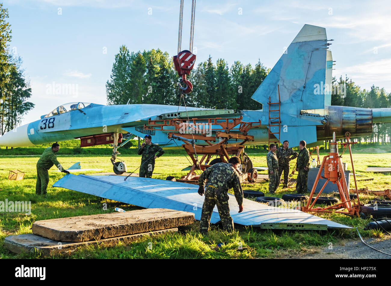 The jet fighter SU-27 is set by a monument in the territory of the ...