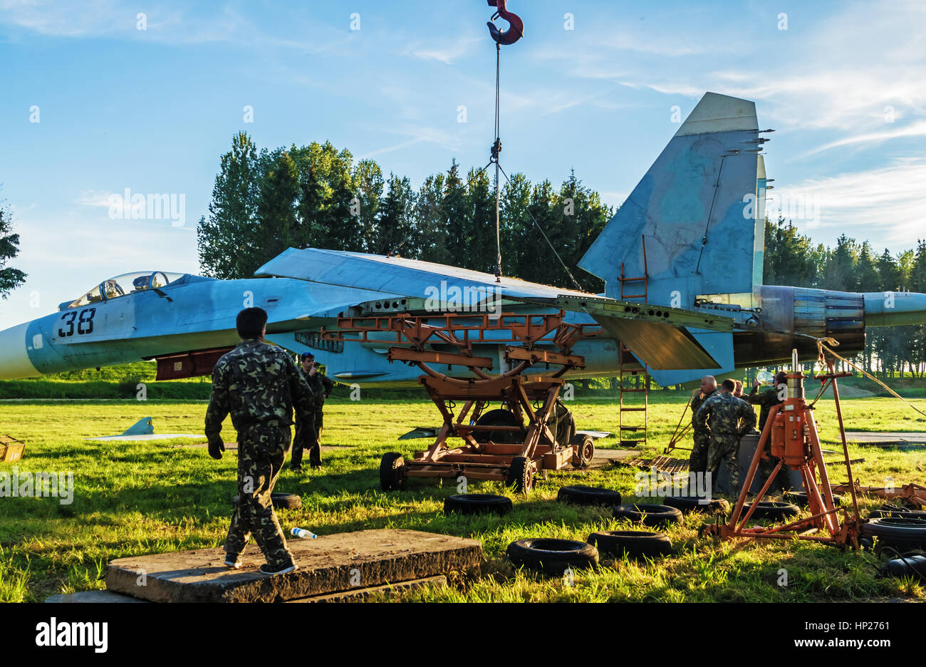 The jet fighter SU-27 is set by a monument in the territory of the ...