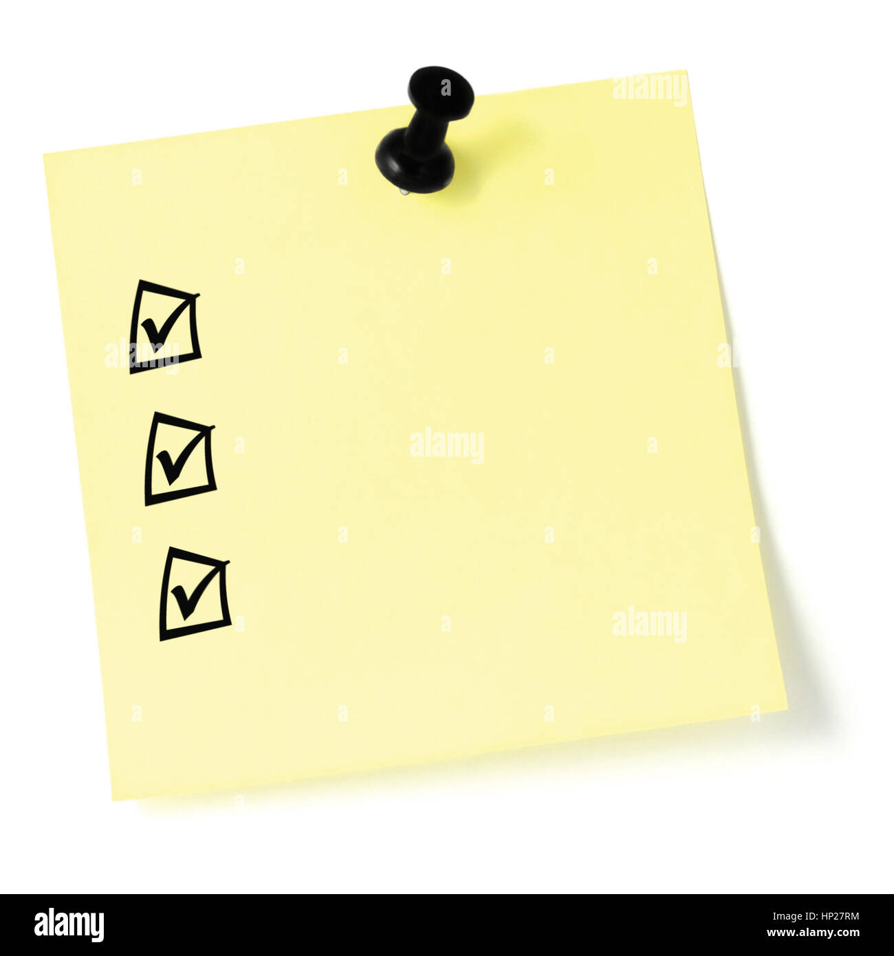 Yellow sticker checklist, black check boxes and tick marks, thumbtack ...