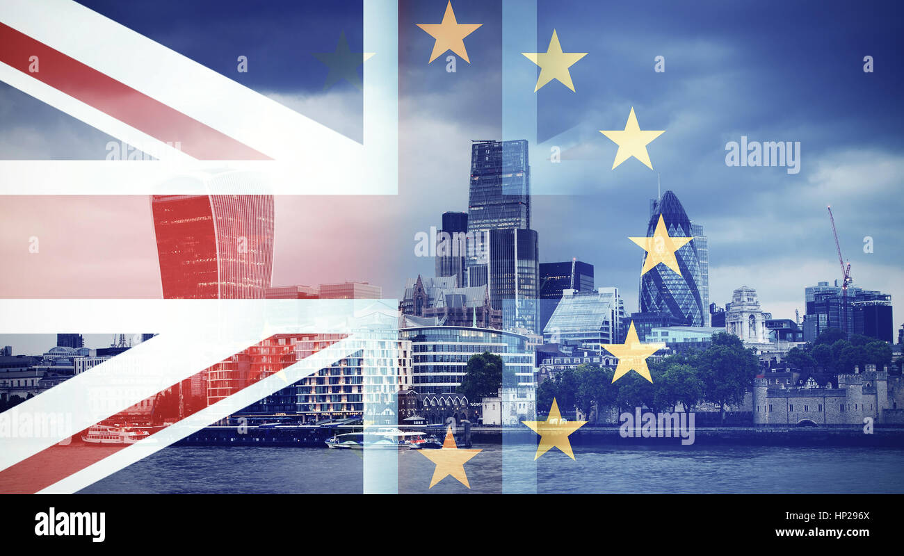 flags of UK and EU combined over icons of London - Brexit concept Stock ...