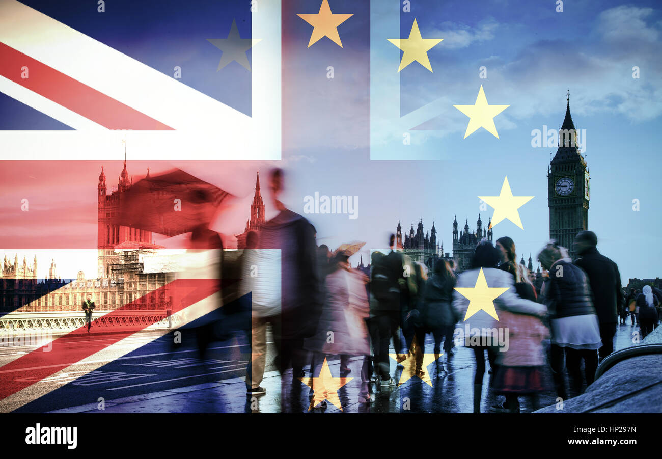 flags of UK and EU combined over icons of London - Brexit concept Stock ...