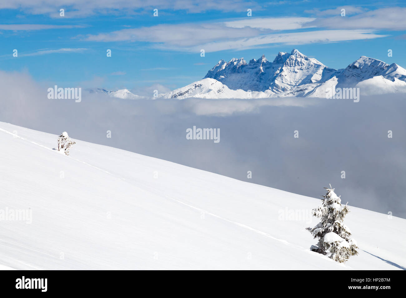 Snow covered landscape with clouds and trees in the Alps Stock Photo ...