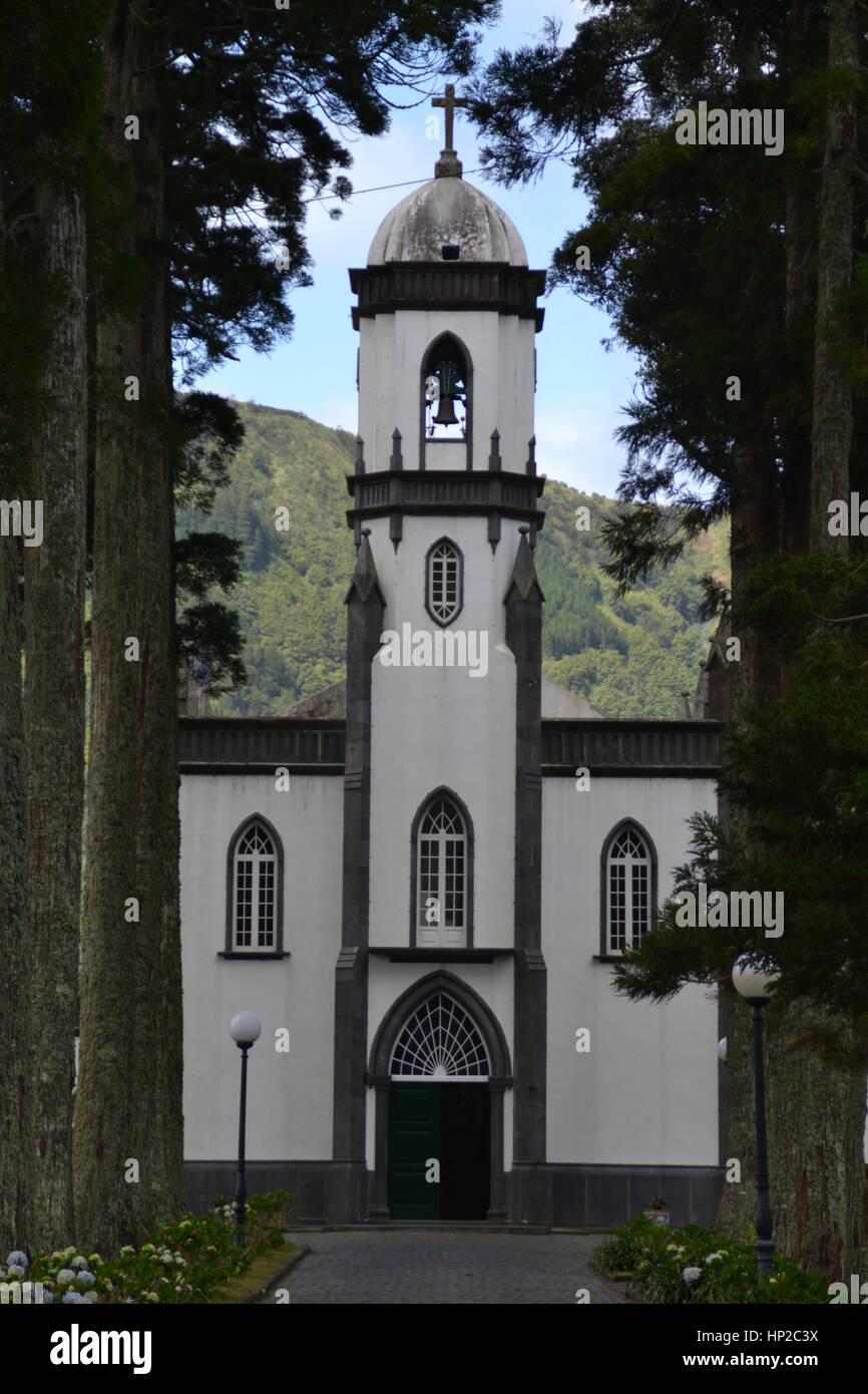 Church on Sao Miguel island, Azores, Portugal is specially formed, dark ...