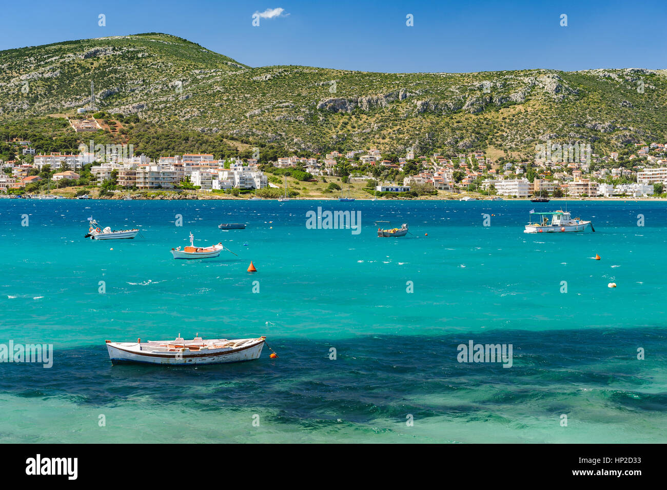 Porto Rafti, Athens suburban harbor view with fisher boats during ...