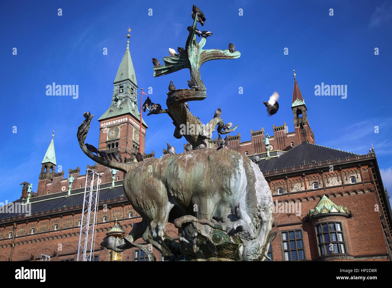 Dragon fountain and Radhus, Copenhagen city hall in Copenhagen Denmark ...