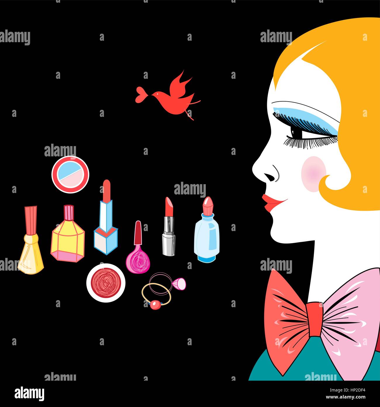 Vector banner with beautiful girl and various cosmetics Stock Vector ...