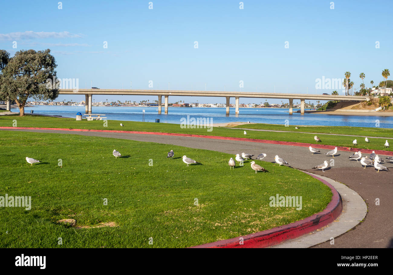 Mission Bay Park and the Ingraham Street Bridge in the morning. San ...