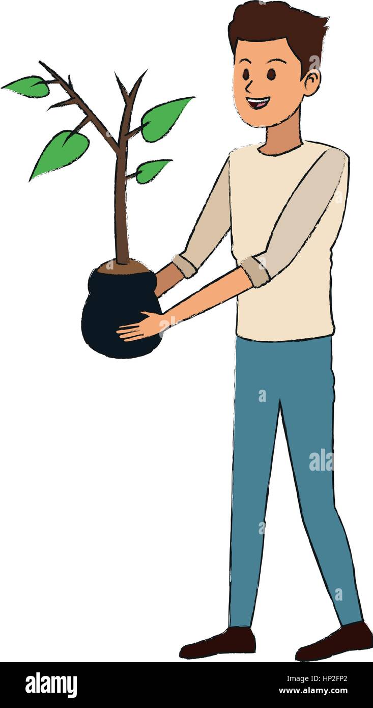 gardener man holding a plant in a pot over white background. colorful ...