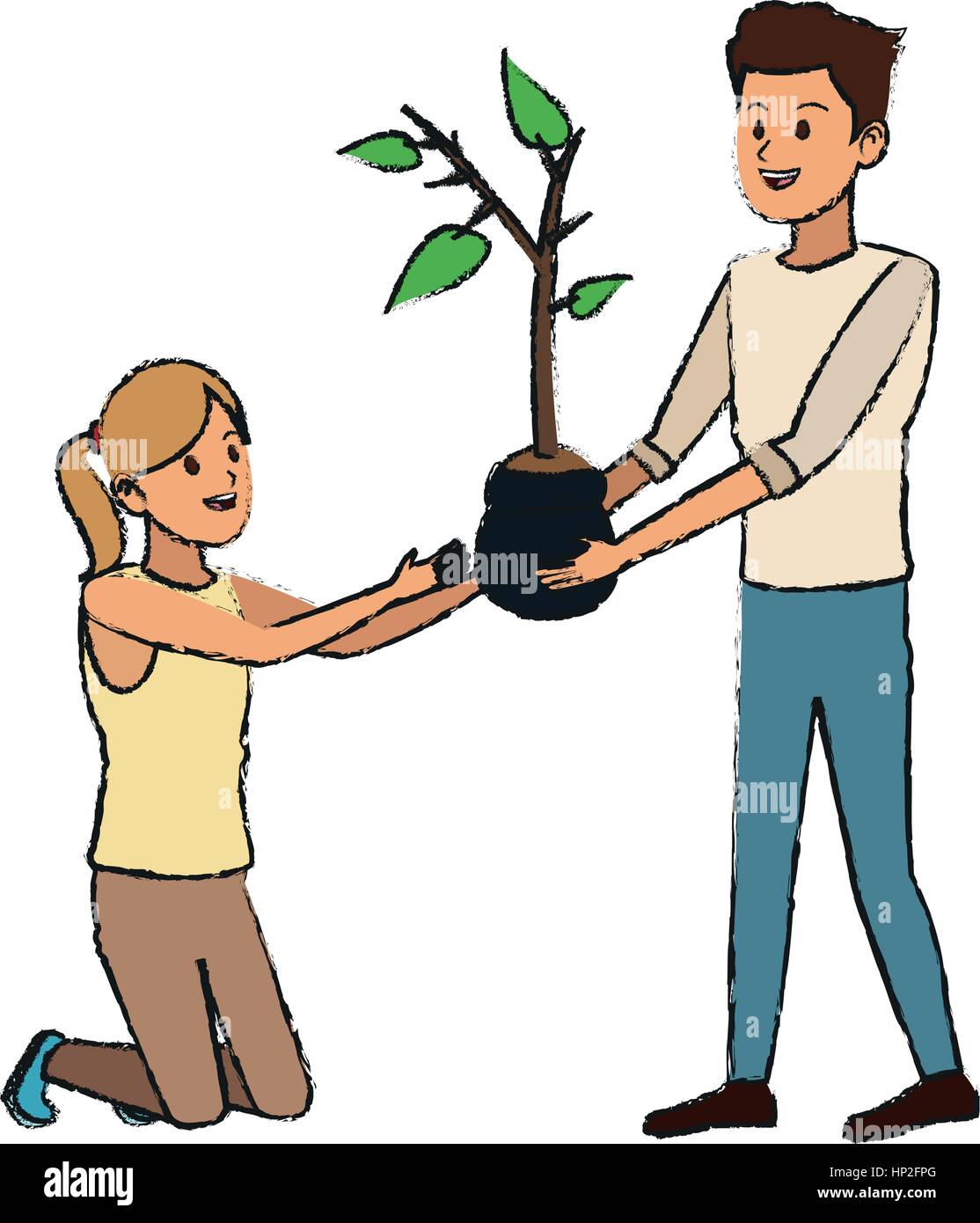 gardener couple with plant over white background. colorful design ...