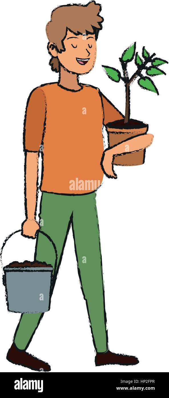 gardener man holding a plant in a pot over white background. colorful ...