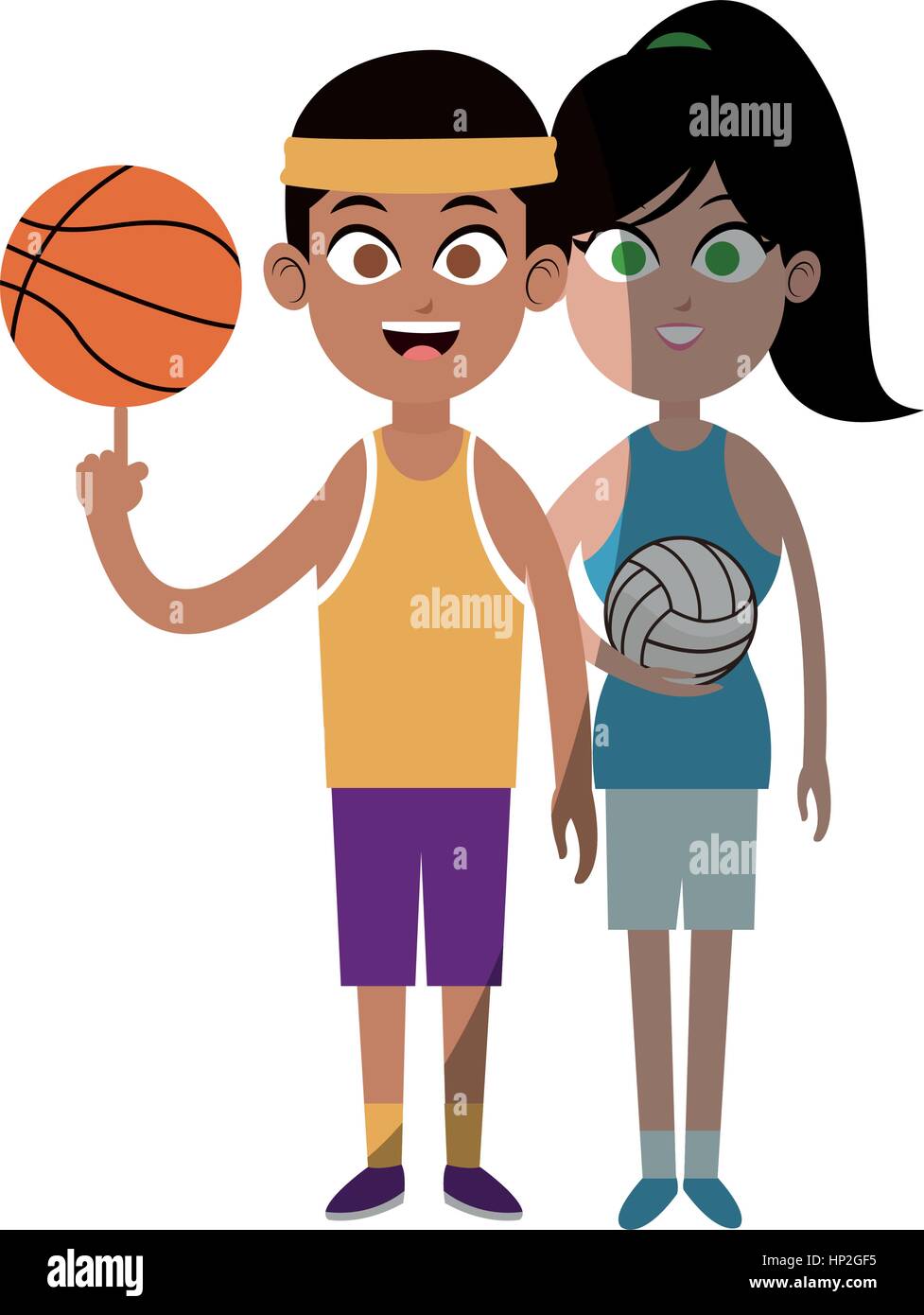 happy couple ready to practice basketball sport over white background ...