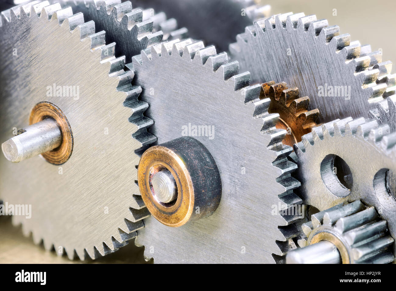 various metal scratched cogwheel gears for machines closeup Stock Photo ...