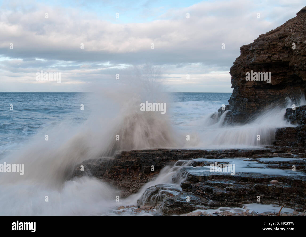 Waves breaking against the rocks at Souter Beach, National Trust ...