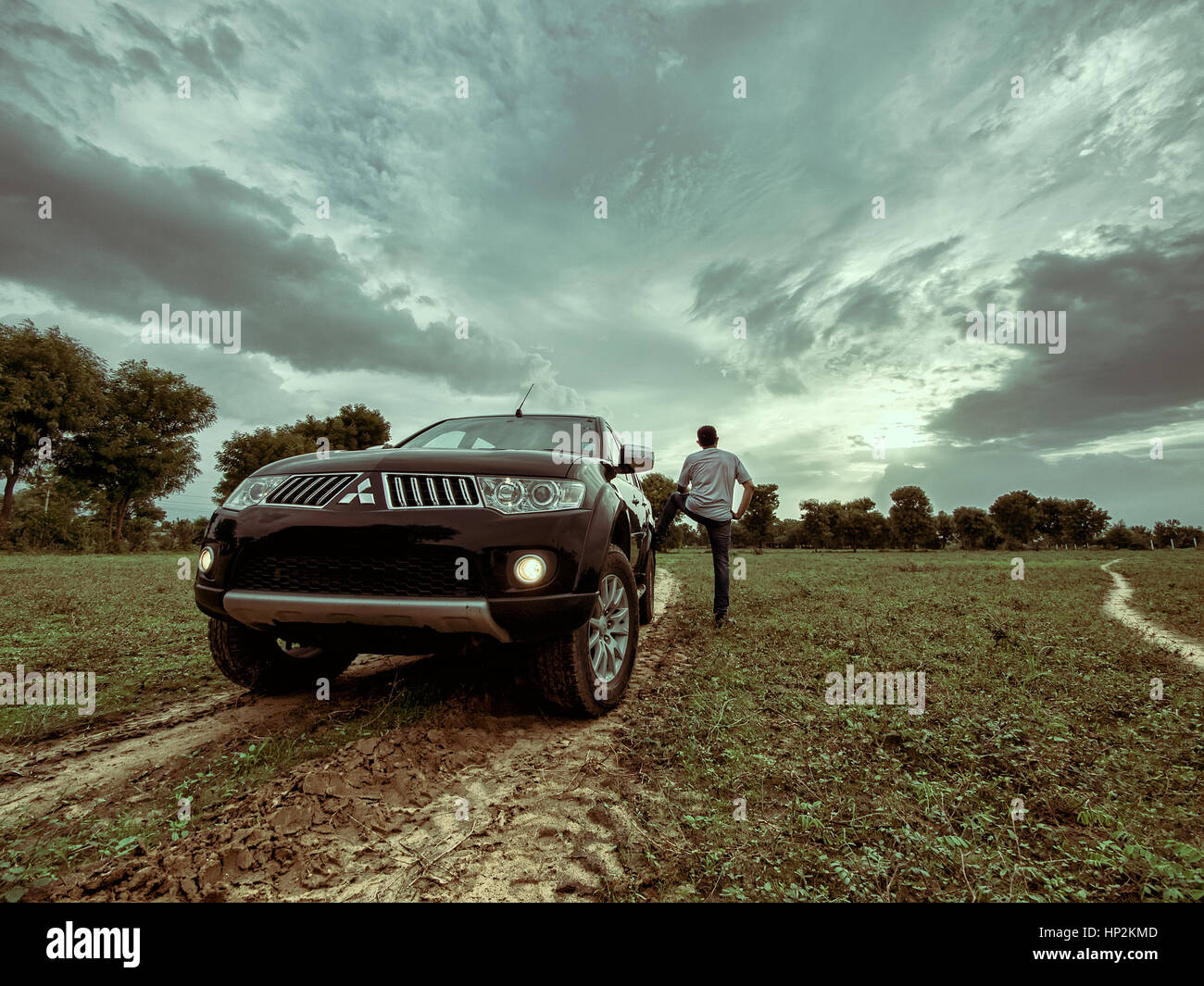 A Mitsubishi Pajero Sport SUV Truck standing in a green field with ...
