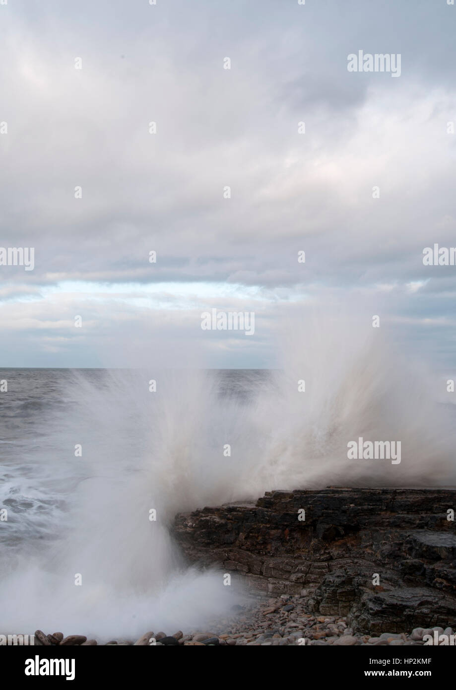 Waves breaking against the rocks at Souter Beach, National Trust ...