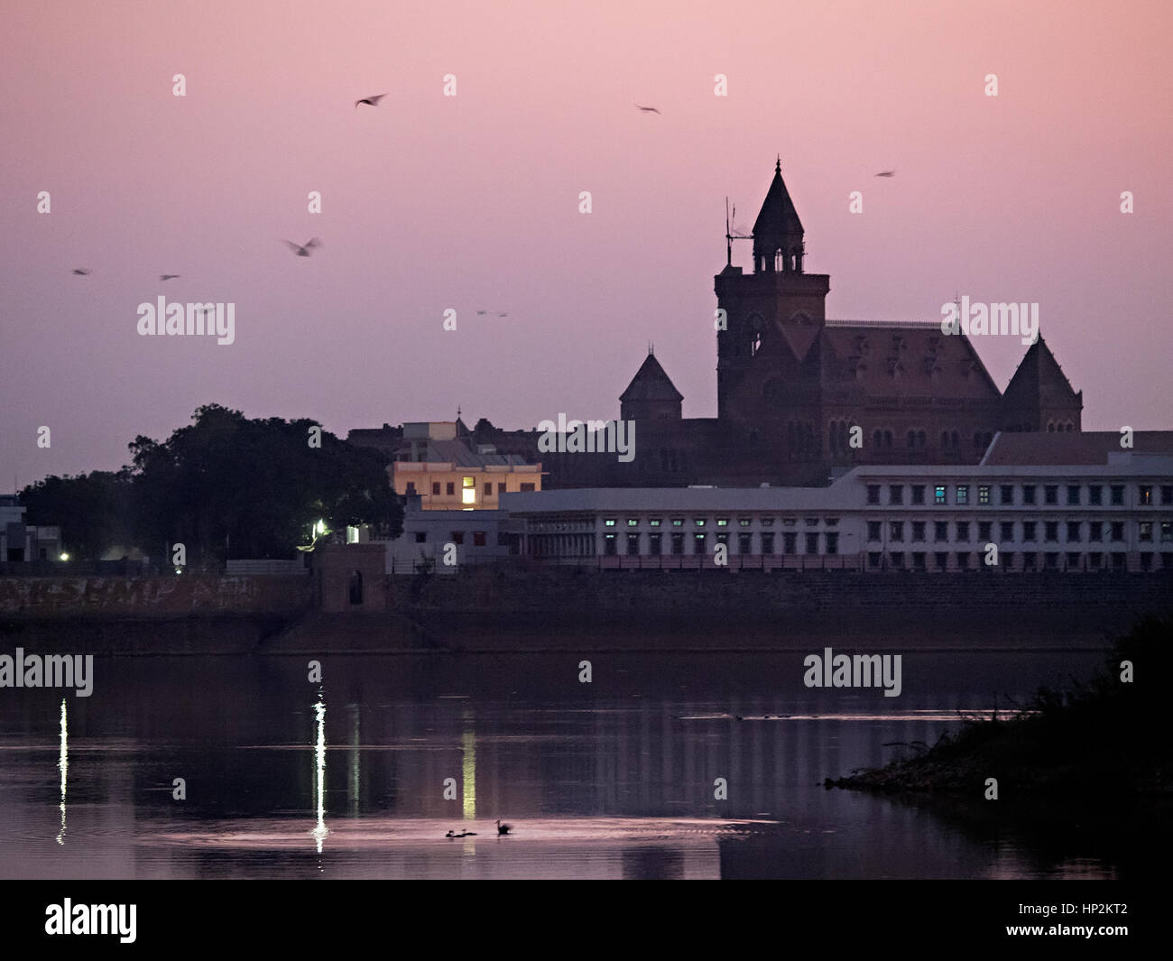 Prag Mahal, the palace and clock tower of Bhuj, Hamirsar Lake in ...