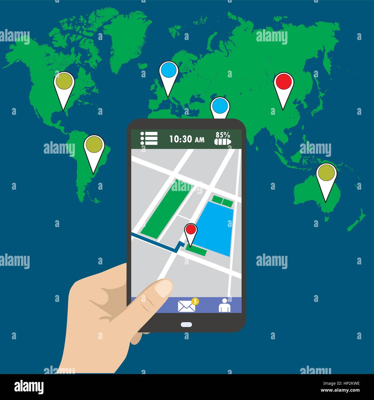 Hand holding smart phone, gps map on mobile, flat design Stock Vector ...