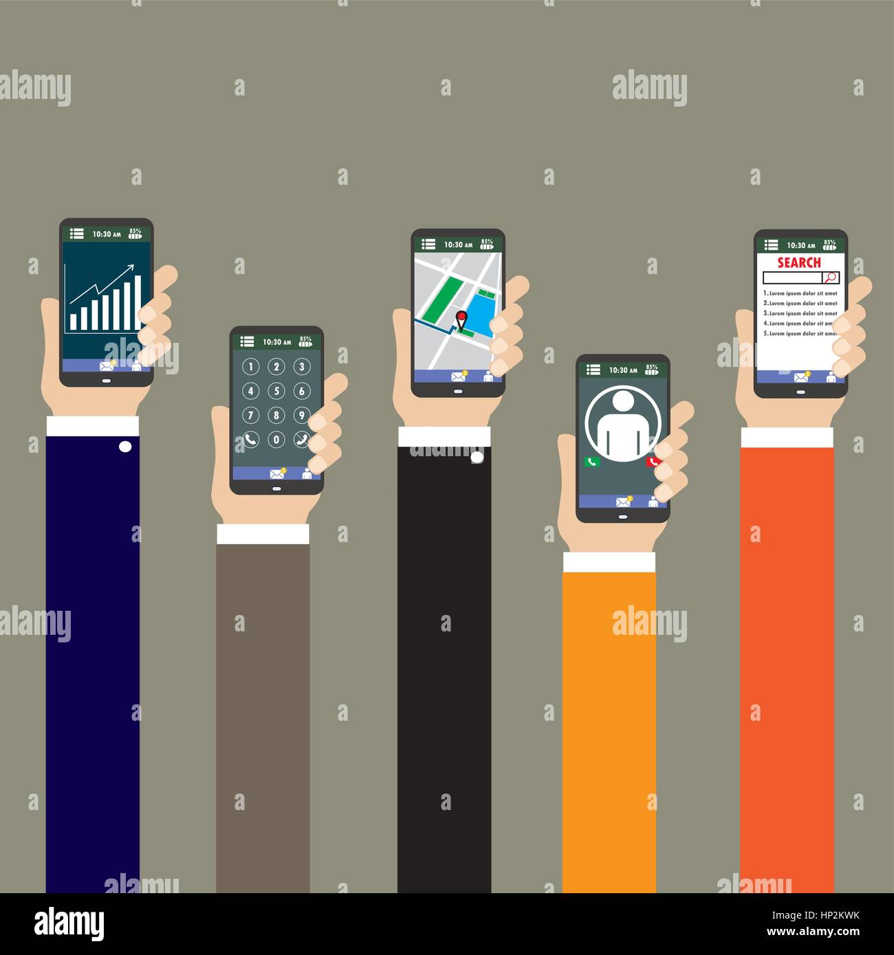Mobile applications concept. Hand with phones flat illustration Stock ...