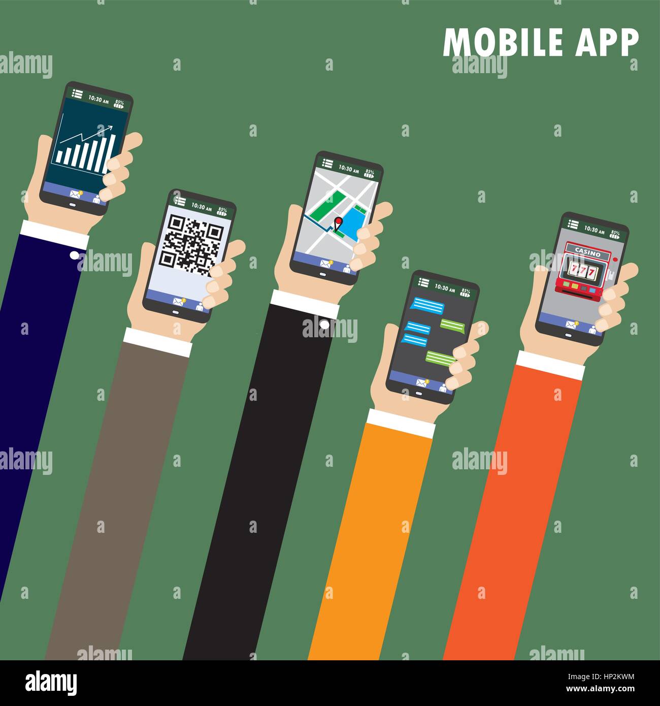 Mobile applications concept. Hand with phones flat illustration Stock ...