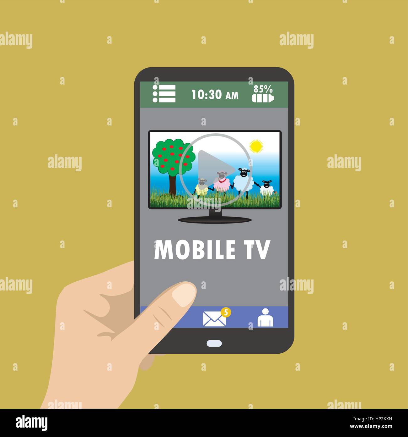 Hand holding smart phone on the screen that plays cartoon, mobile TV ...