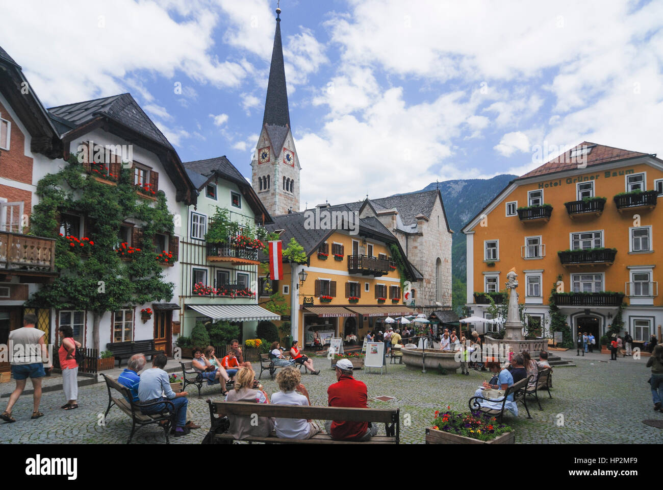 Hallstatt, market square, Salzkammergut, Oberösterreich, Upper Austria ...