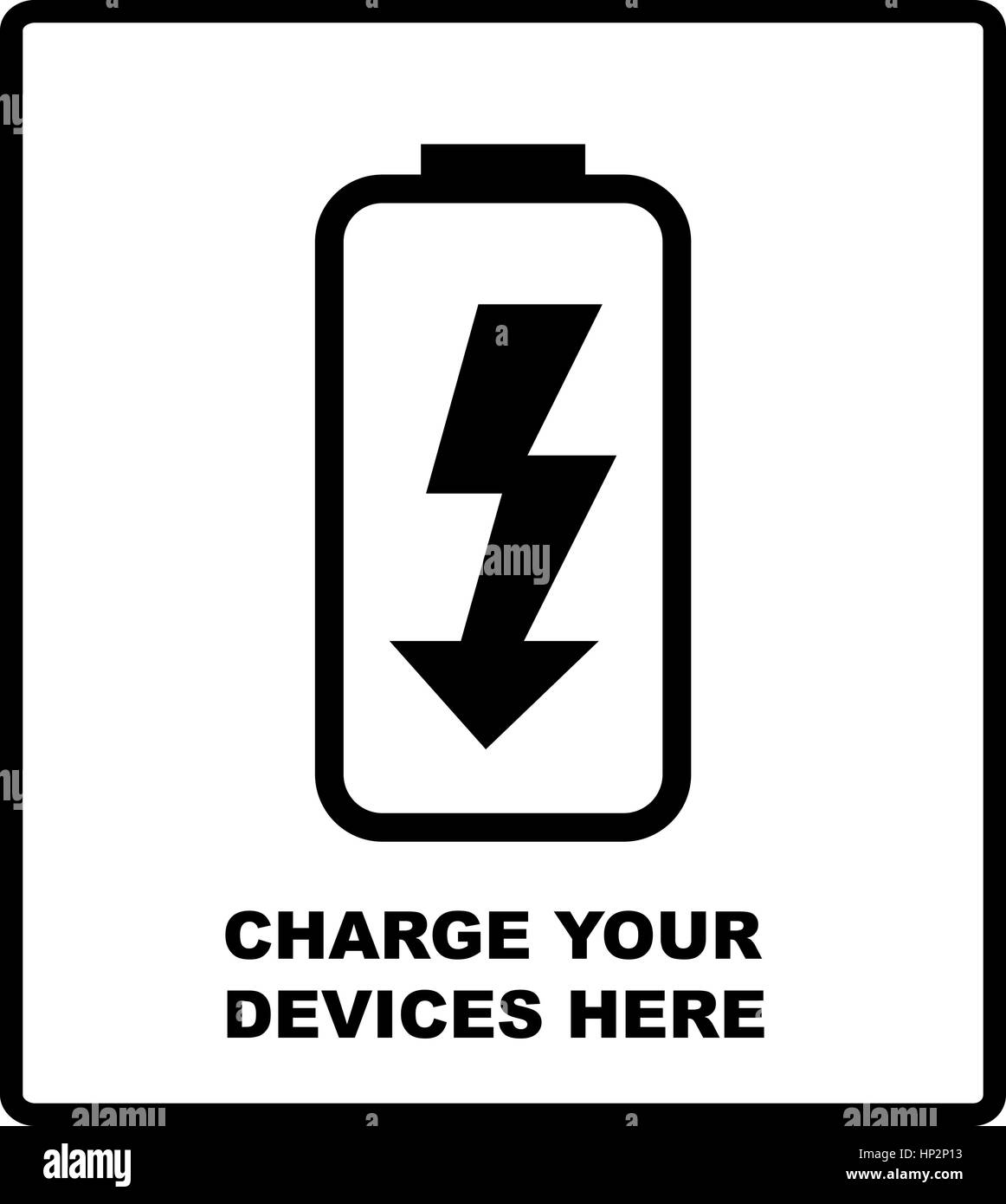 Charge your devices here sign. Battery icon, charge indicator on a dark ...