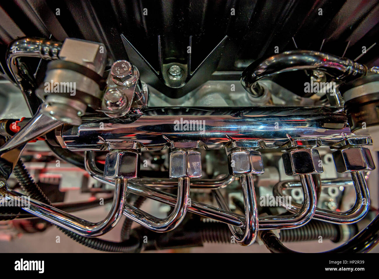Closeup photography of spray nozzle of modern new diesel truck engine ...